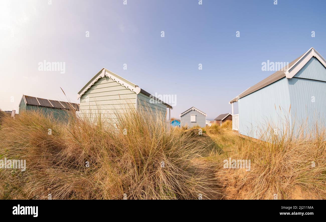 Ultra wide angle fisheye shot of traditional wooden beach huts on ...