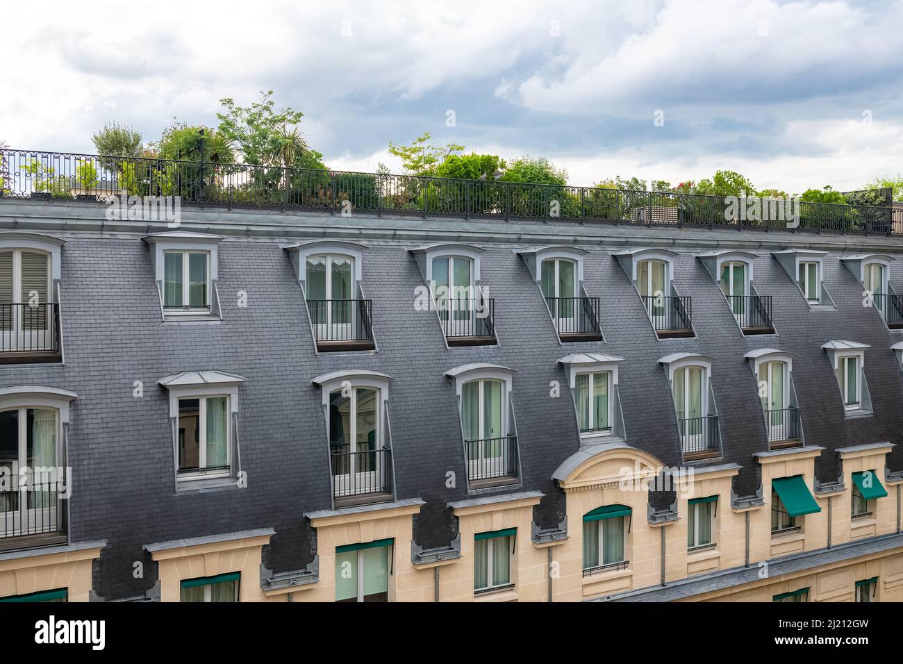 Paris, typical building with a large roof terrace, aerial view in a ...