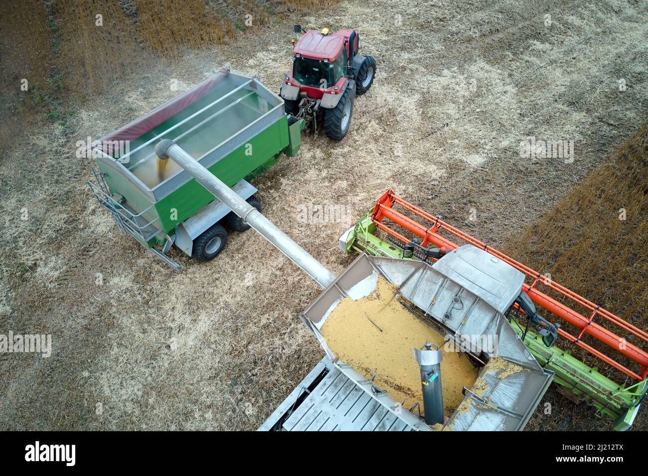 Aerial view of combine harvester unloading grain in cargo trailer ...