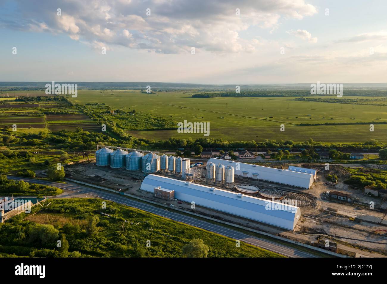Aerial view of industrial ventilated silos for long term storage of ...