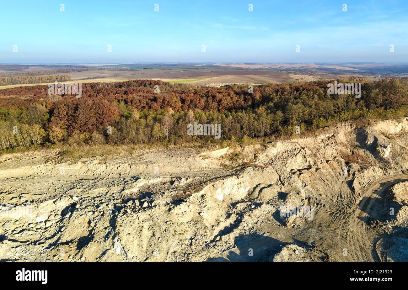 Aerial view of open pit mine of sandstone materials for construction ...