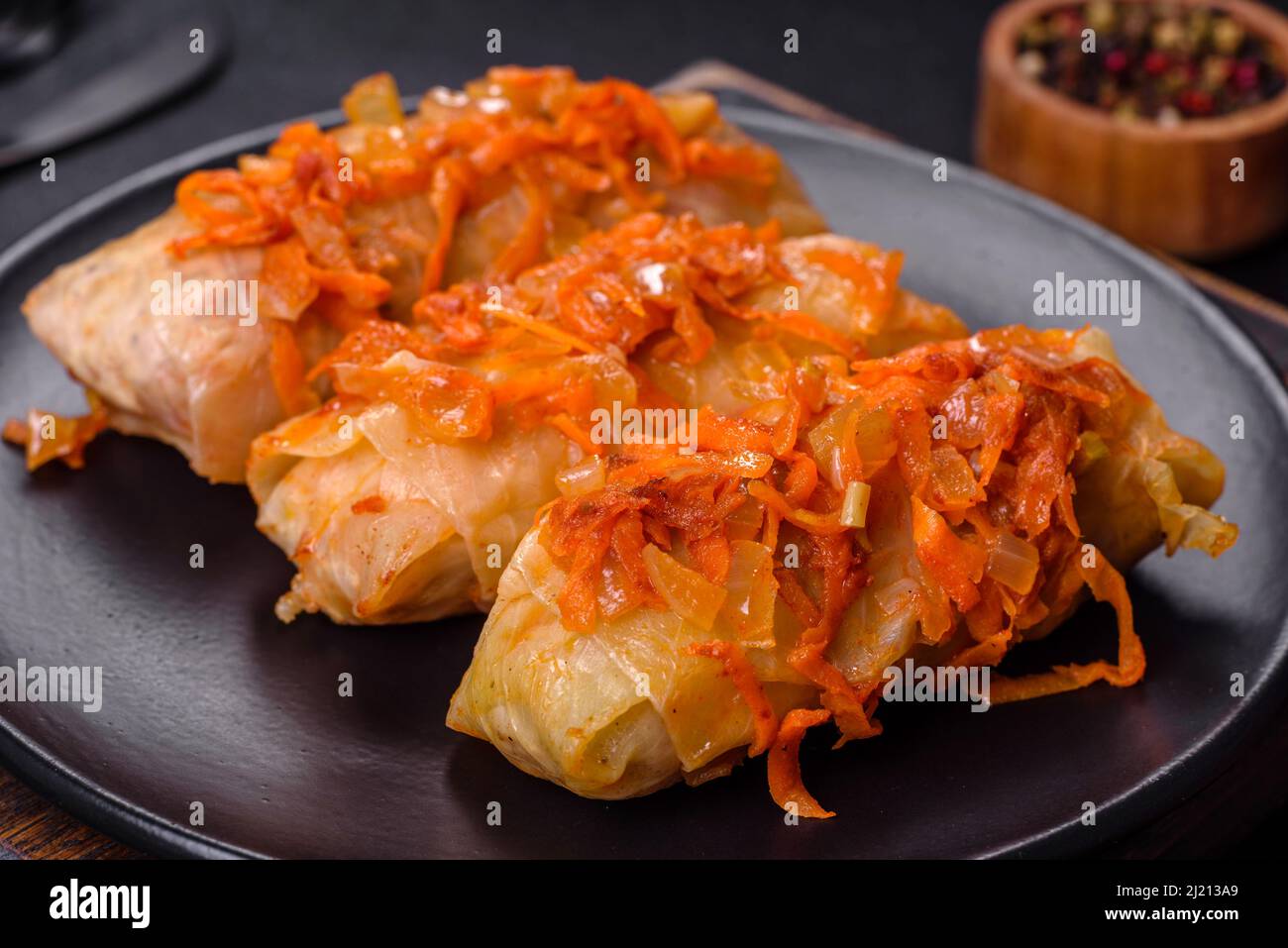 Traditional stuffed cabbage with minced meat and rice, served in a ...