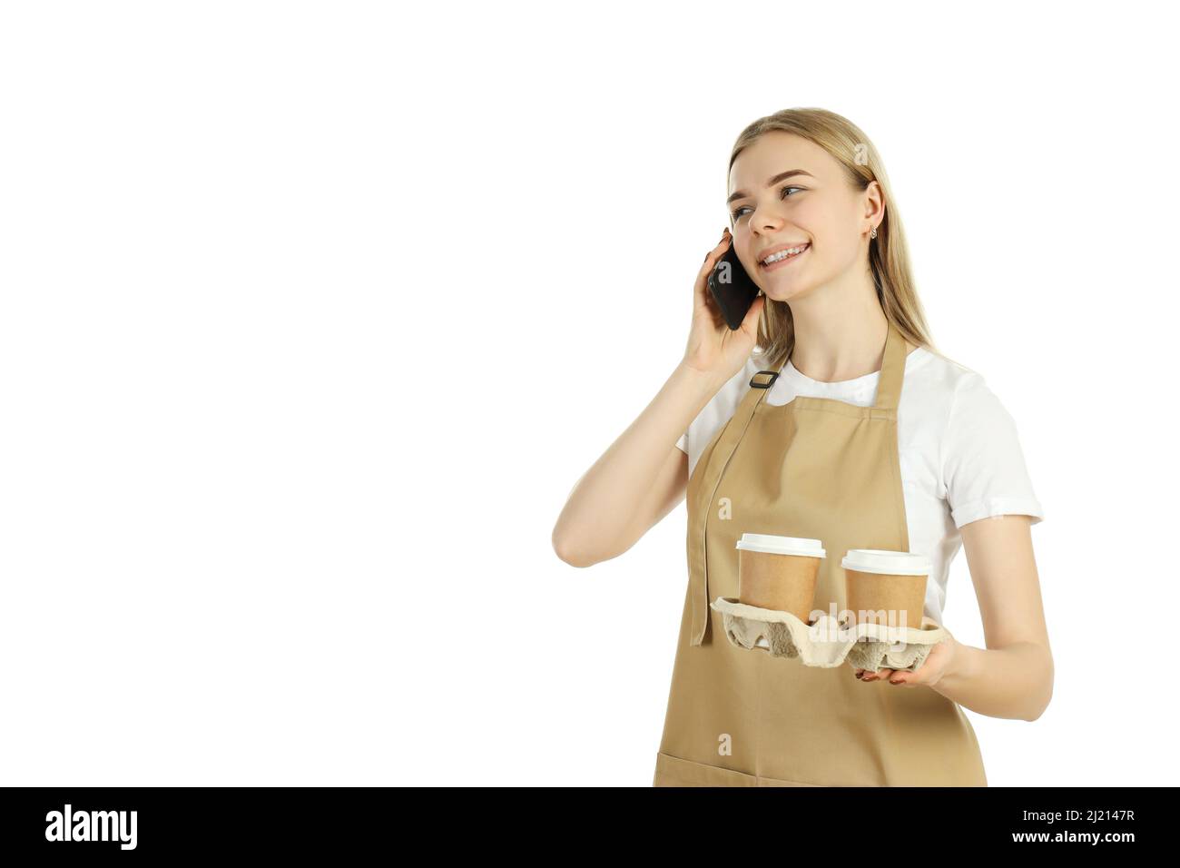 Young woman waitress isolated on white background Stock Photo - Alamy