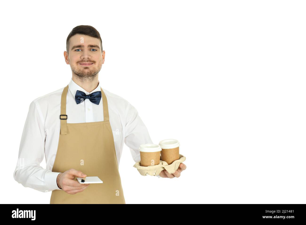 Young man waiter isolated on white background Stock Photo - Alamy