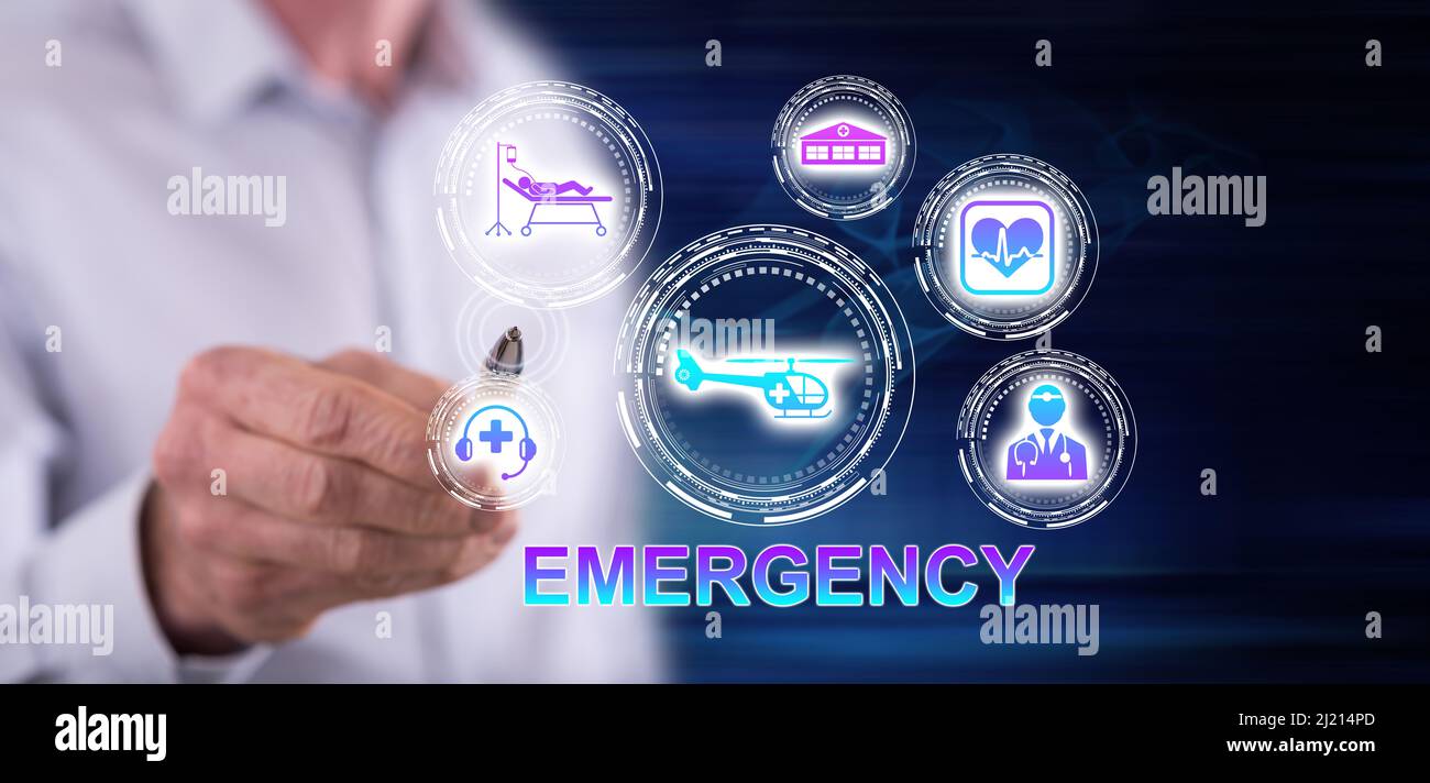 Man touching an emergency concept on a touch screen with a pen Stock ...