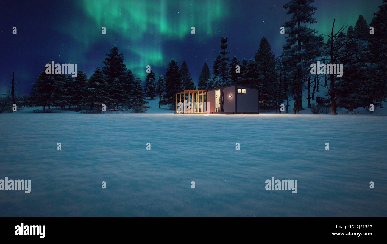 A 3D rendering of a wooden cabin in a high-altitude area with aurora in ...