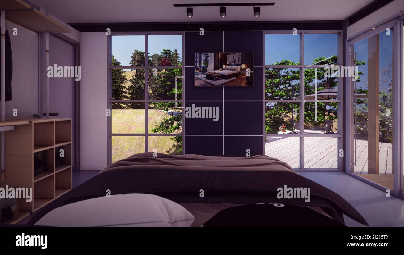 A 3D rendering illustration of an interior of a container cabin Stock ...