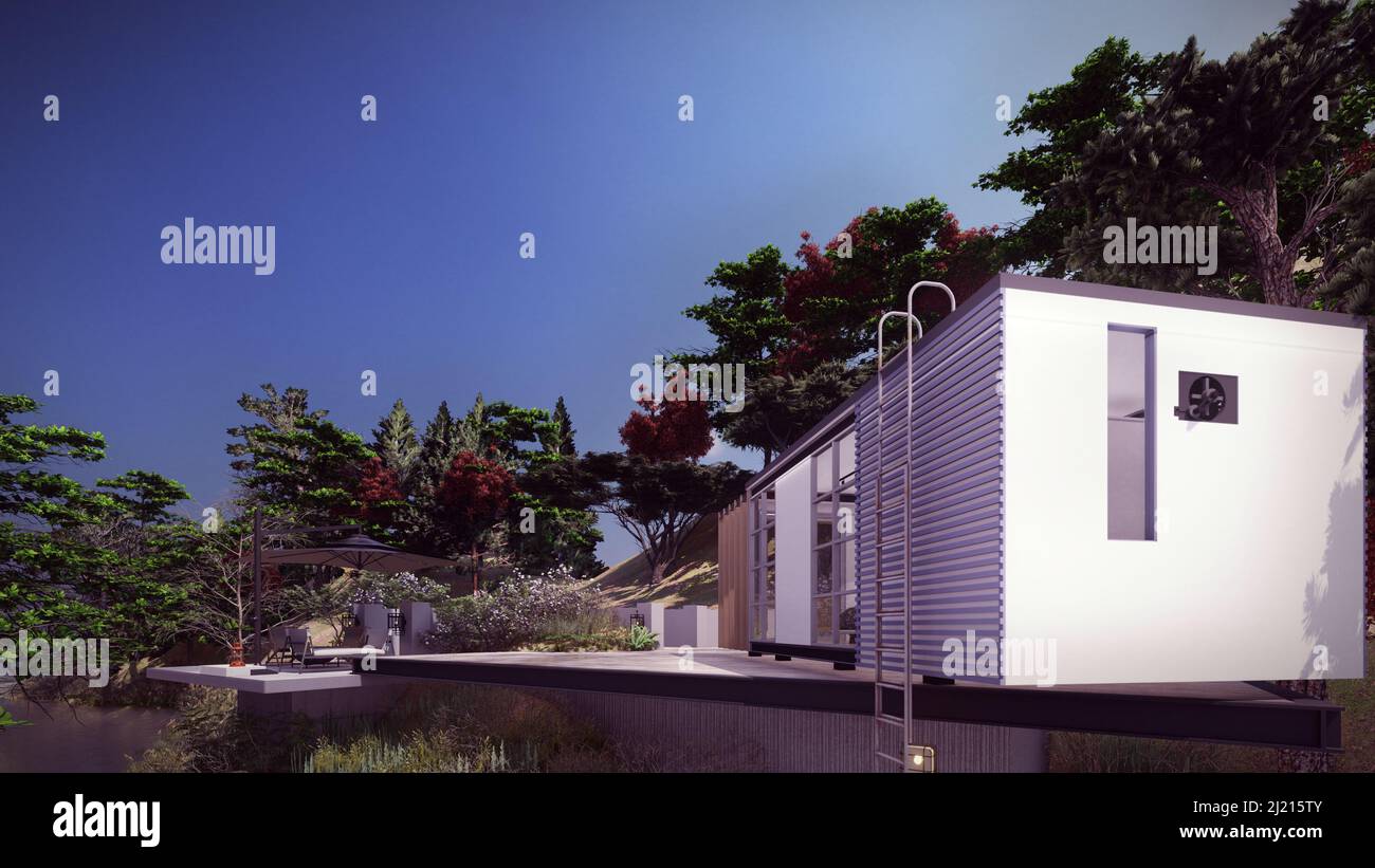 A 3D rendering illustration of a modern style waterfront house Stock ...