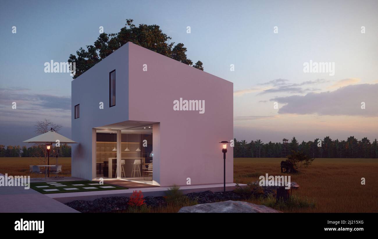 A 3D rendering illustration of a beautiful white house with modern ...