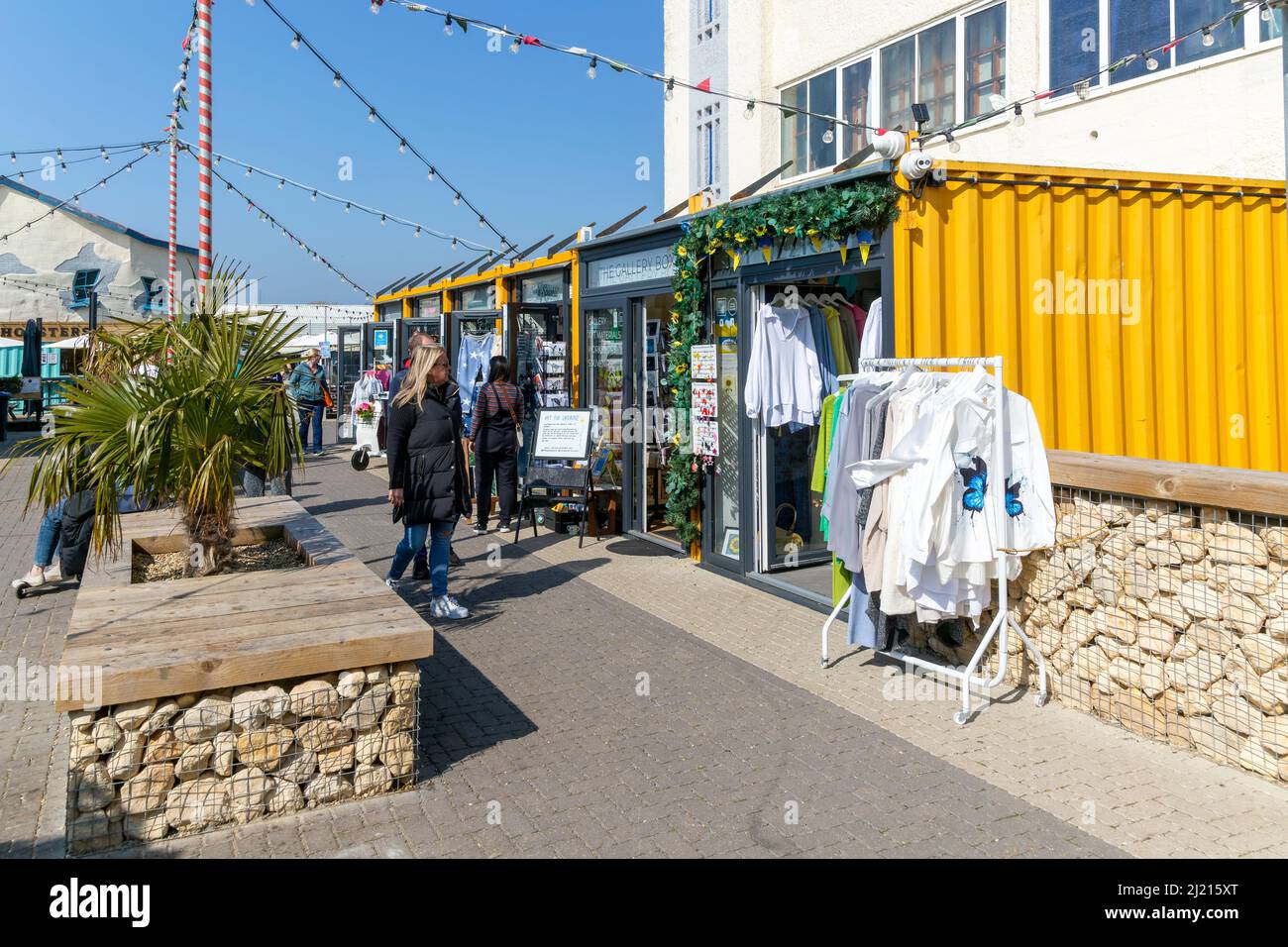 Shops and cafes in converted shipping containers, Beach Street ...