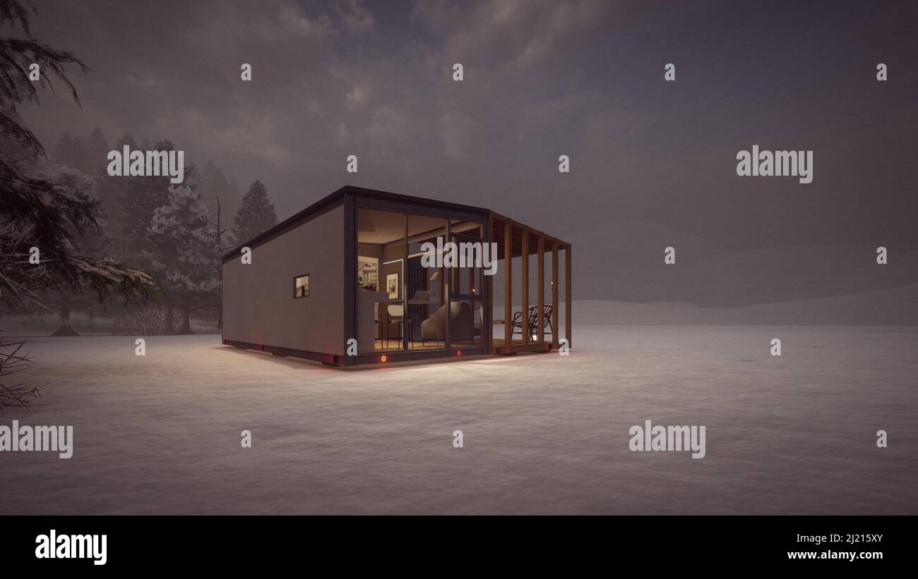 A 3D rendering illustration of an elevation cabin with snow and fog in ...