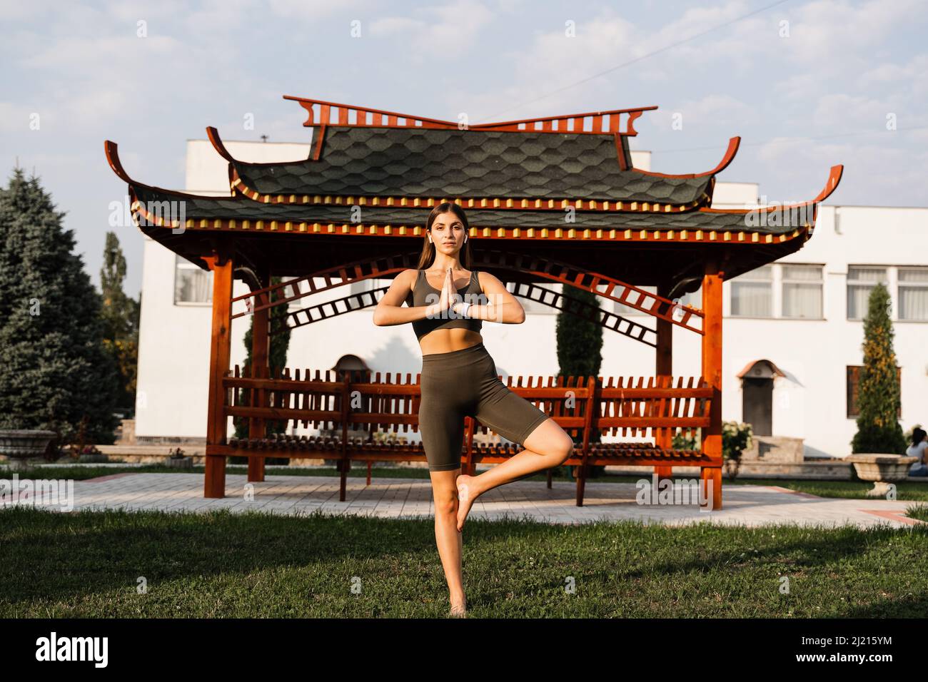 Qigong chinese meditation and sport training outdoor. Fit asian girl is ...