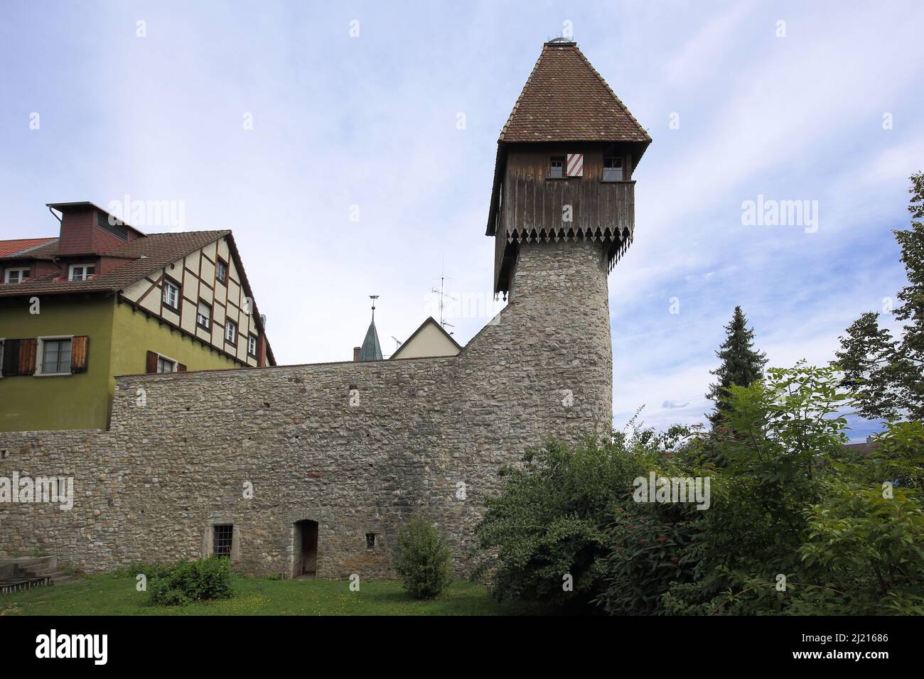 Historical stork tower with city wall in Tiengen, Baden-Württemberg ...