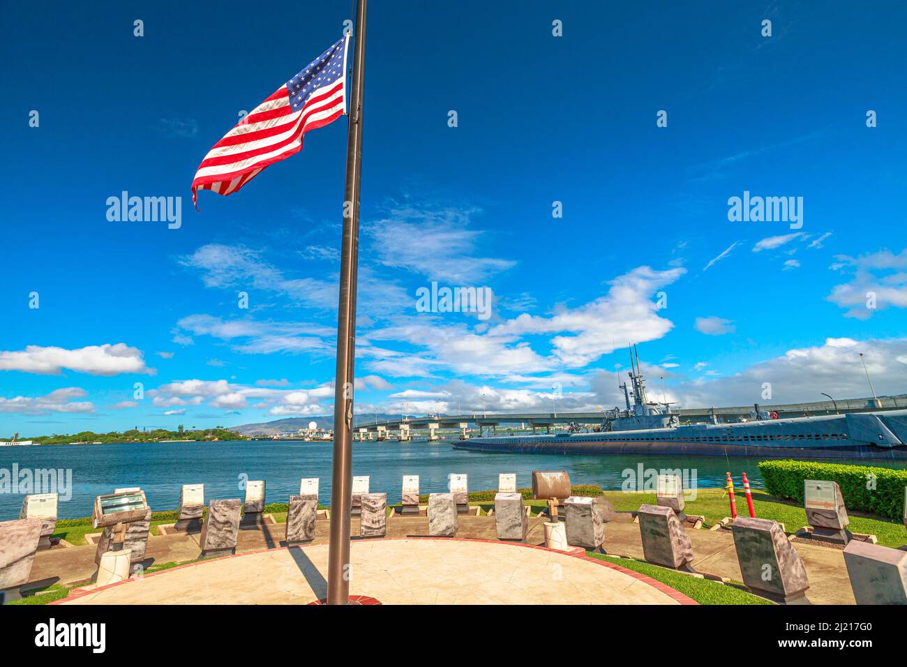 American flag with the USS Bowfin Submarine SS-287. Pearl Harbor ...