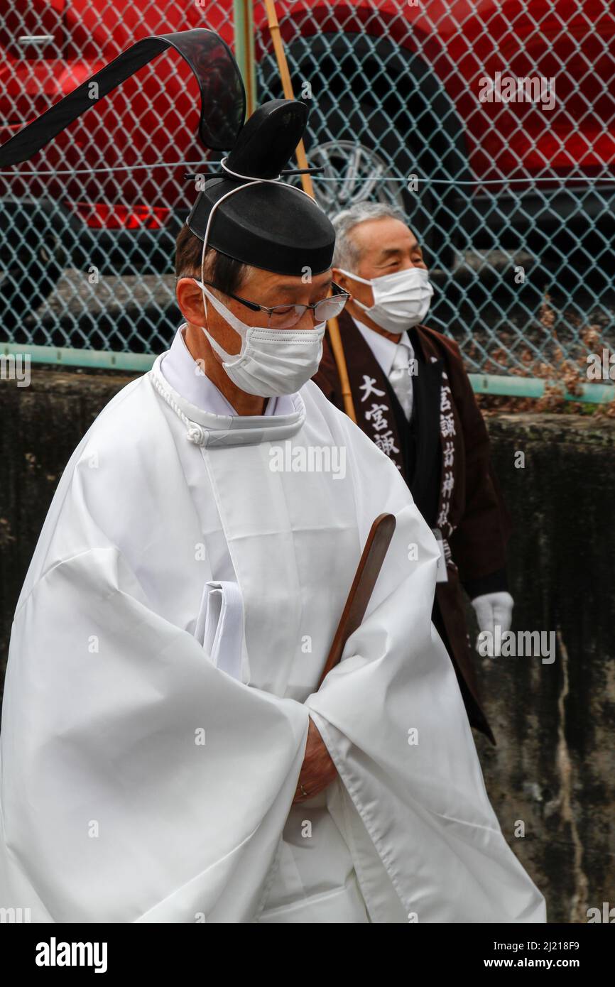 iida, nagano, japan, 2022/24/03, shintoist priests during a religious ...