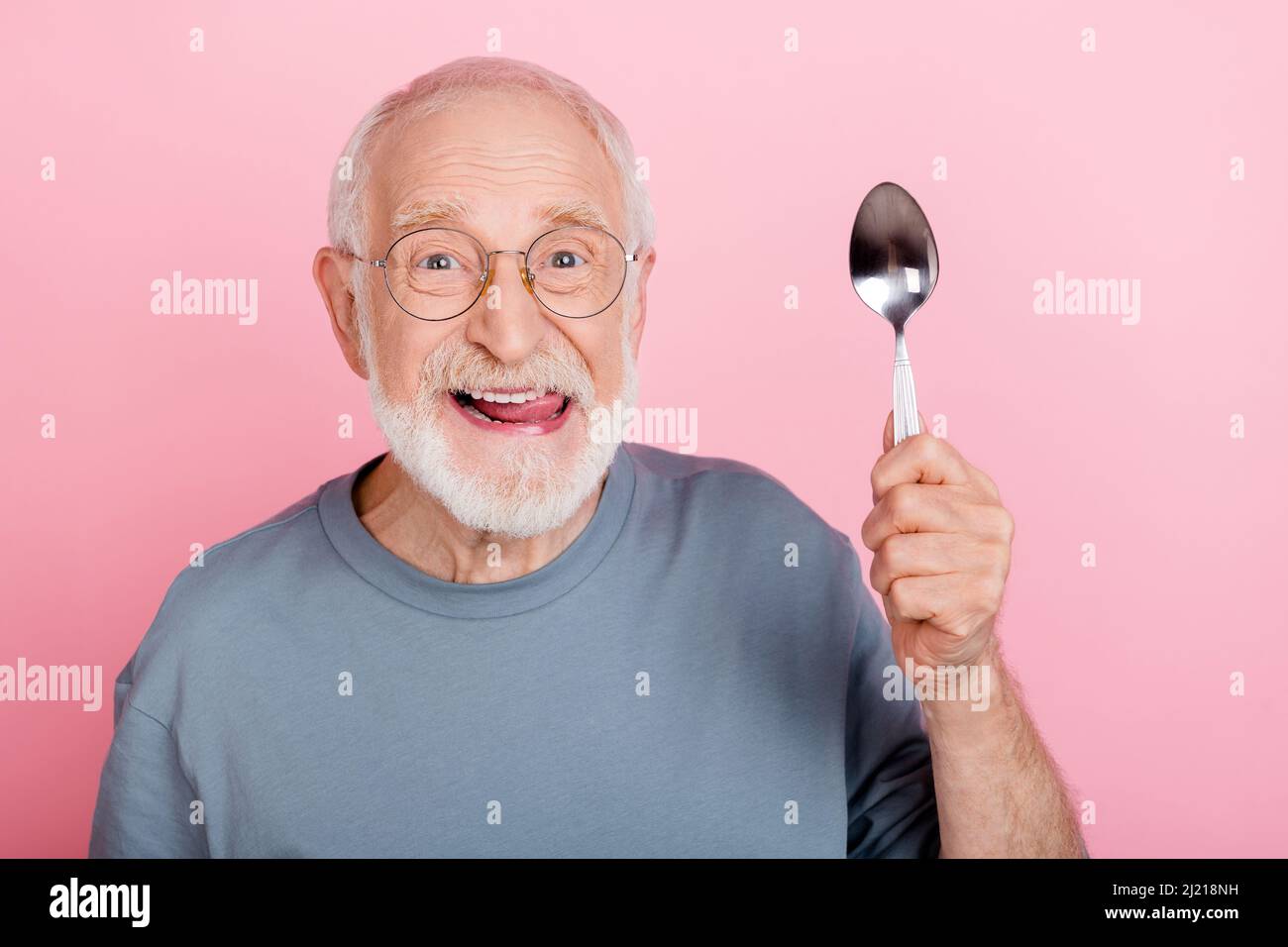 Photo of tricky cunning guy pensioner dressed grey pullover glasses ...