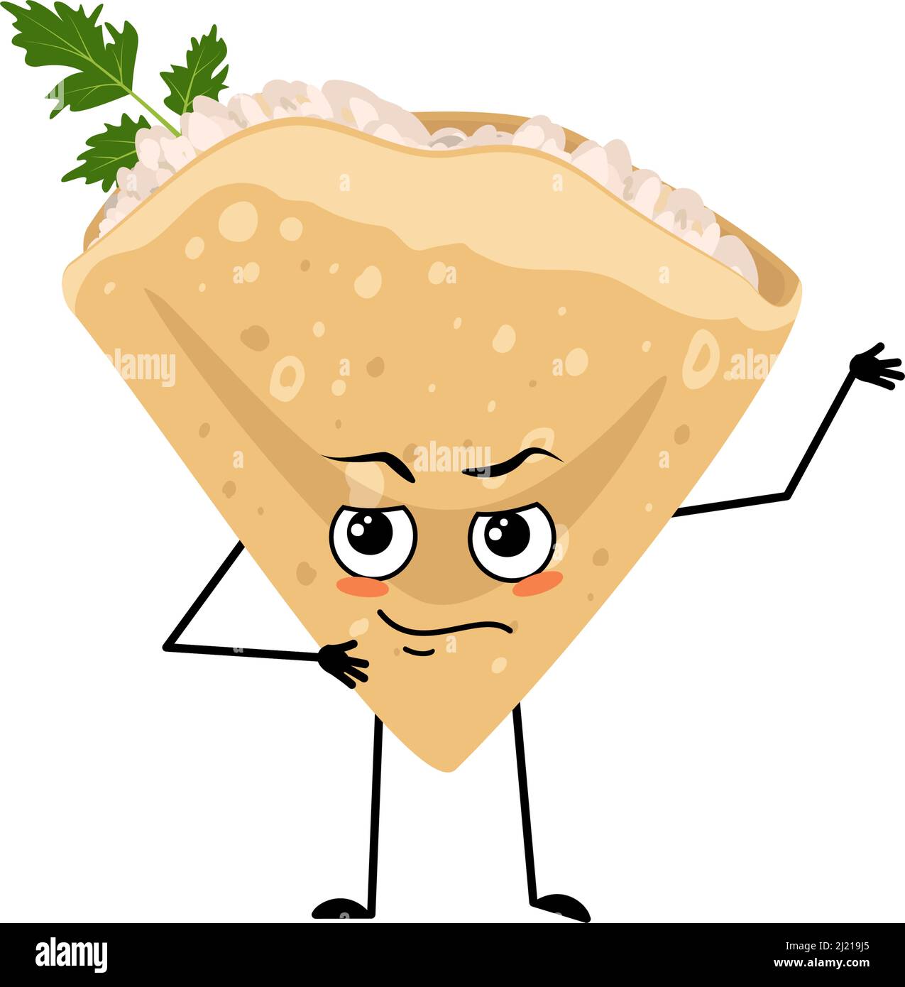 Pancake character with emotions of hero, brave face, arms and leg ...