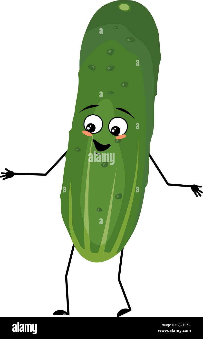 Cucumber character with happy emotion, joyful face, smile eyes, arms ...