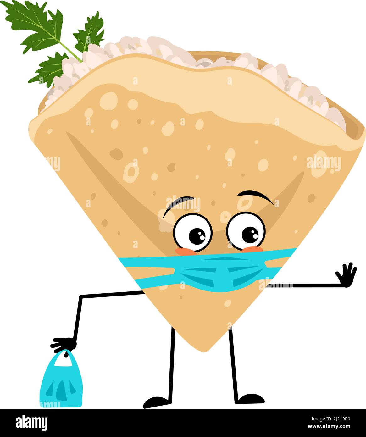 Pancake character with sad emotions, face and mask keep distance, hands ...