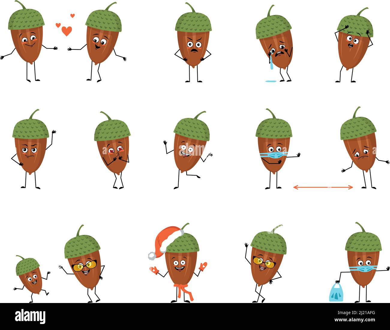 Character acorn with happy or sad emotions, panic, loving or brave face ...