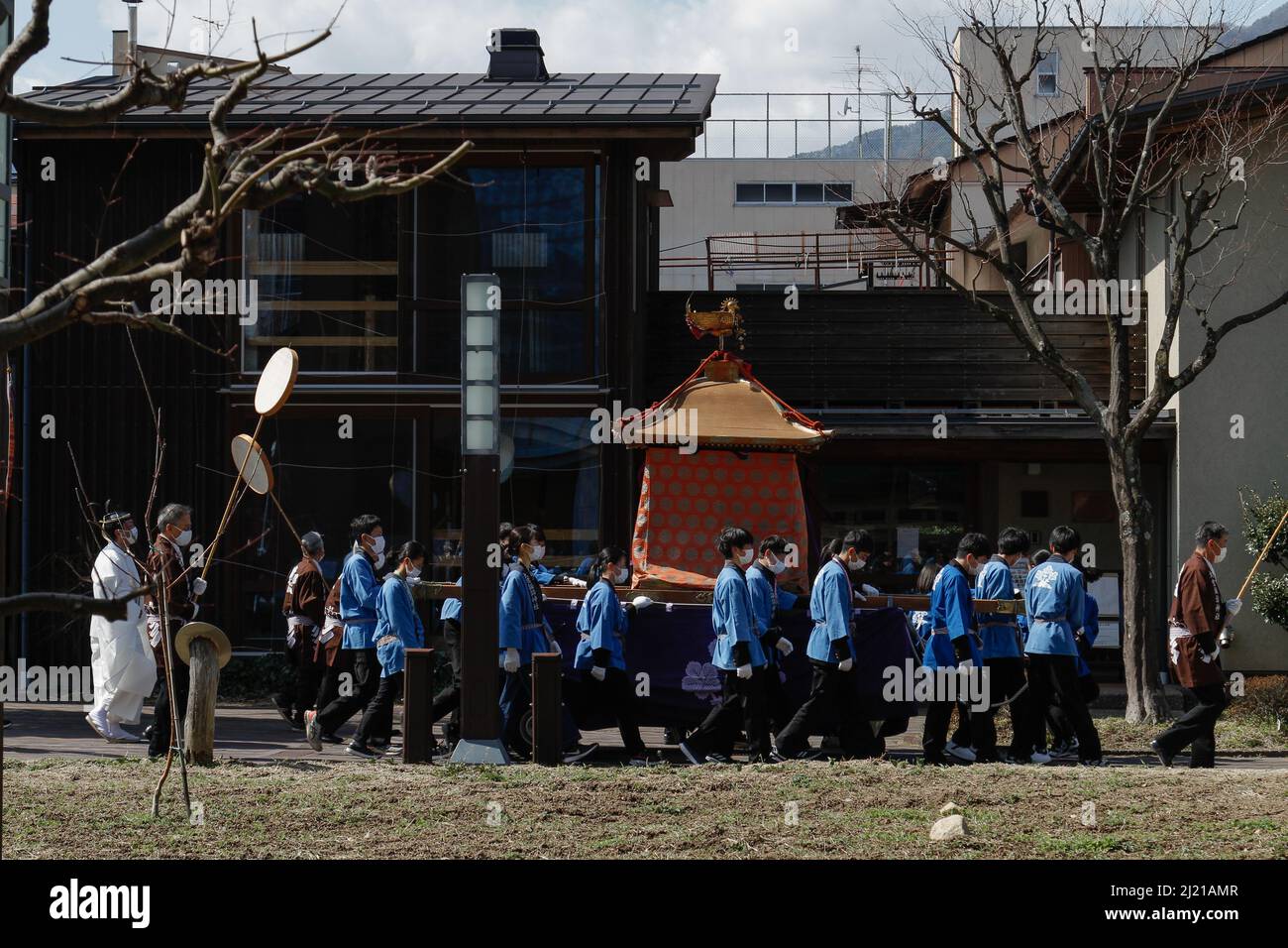iida, nagano, japan, 2022/24/03 , the religious procession that brings ...