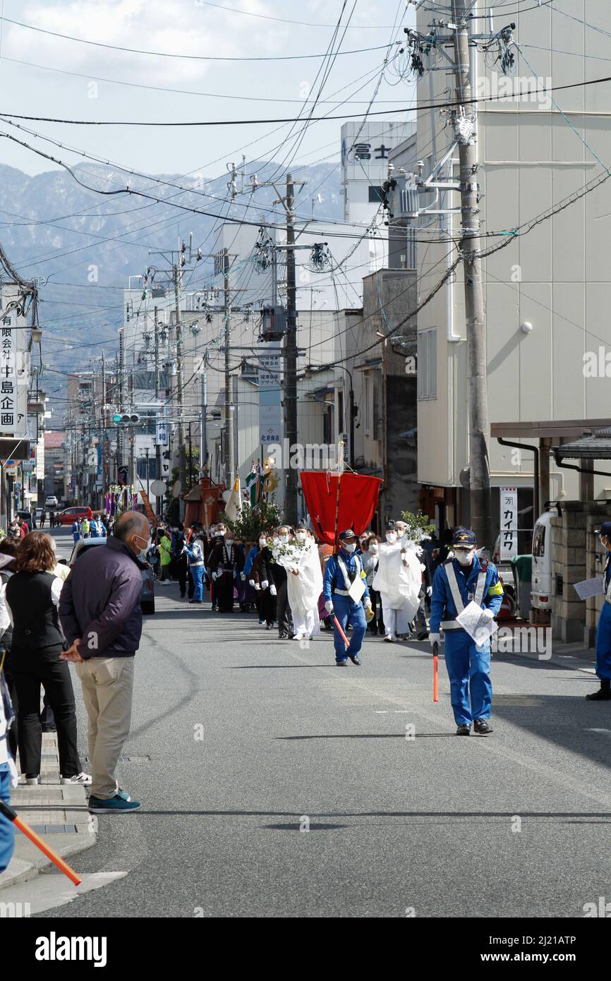 iida, nagano, japan, 2022/24/03 , the religious procession that brings ...