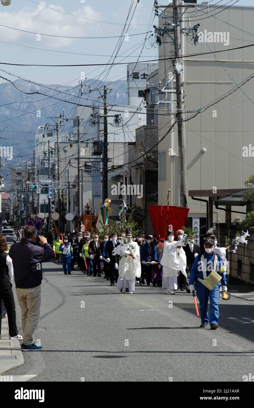 iida, nagano, japan, 2022/24/03 , the religious procession that brings ...