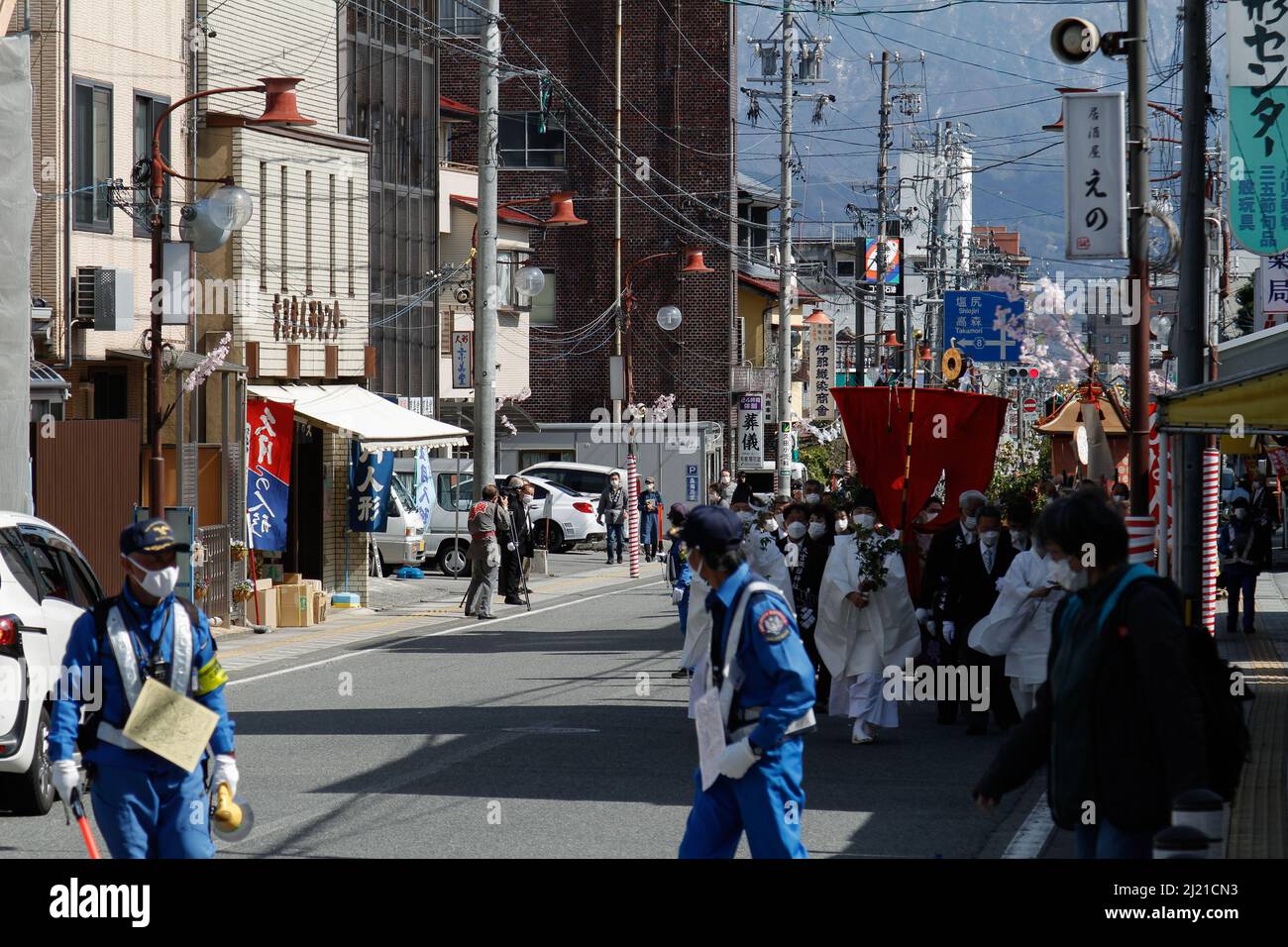 iida, nagano, japan, 2022/24/03 , the religious procession that brings ...