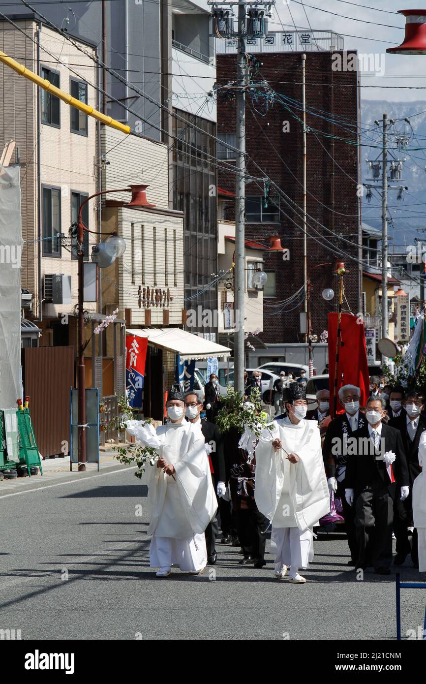 iida, nagano, japan, 2022/24/03 , the religious procession that brings ...
