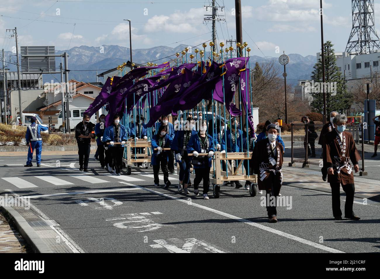iida, nagano, japan, 2022/24/03 , the religious procession that brings ...