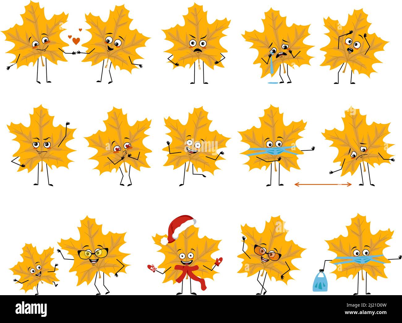 Maple leaf character with happy or sad emotions, panic, loving or brave ...