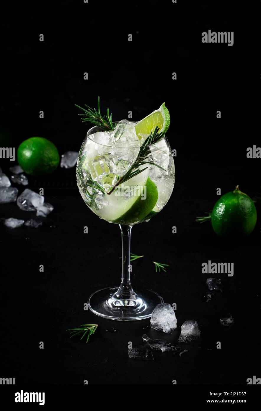Gin tonic alcoholic cocktail drink with dry gin, rosemary, tonic, lime ...
