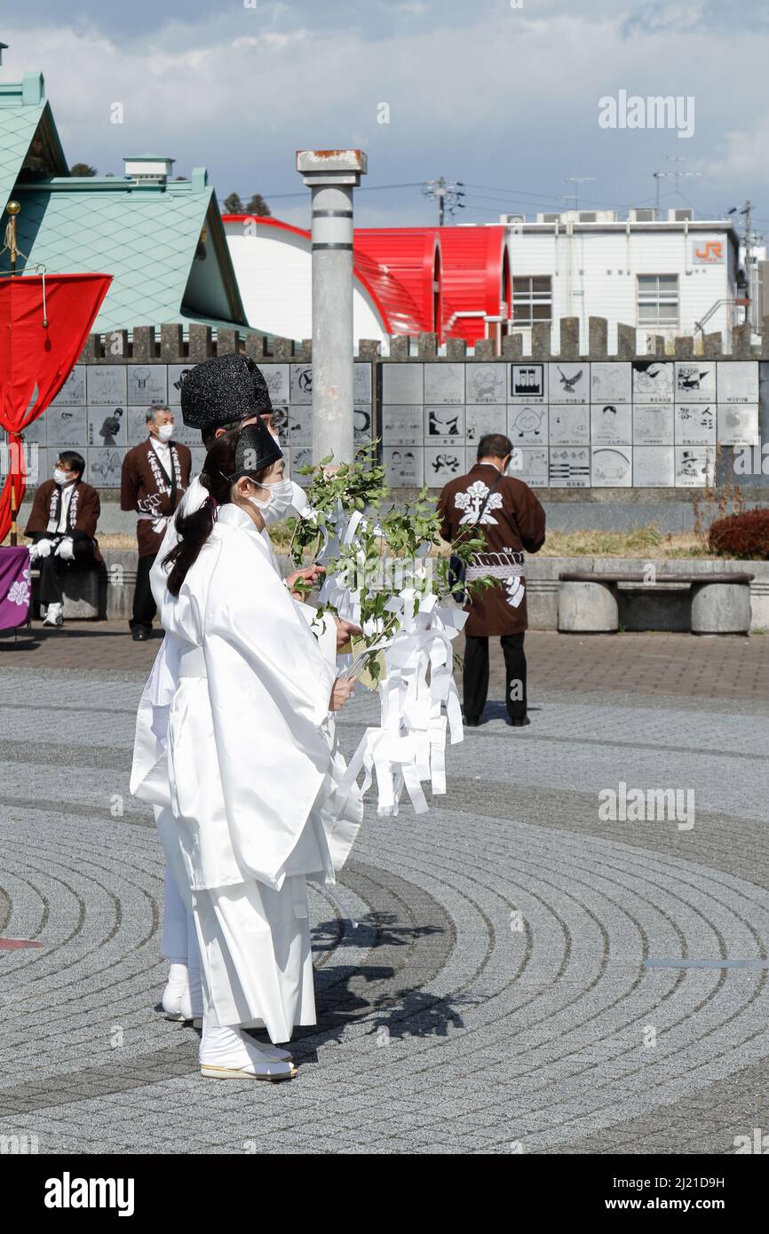 iida, nagano, japan, 2022/24/03 , the Mikoshi procession arrives near ...