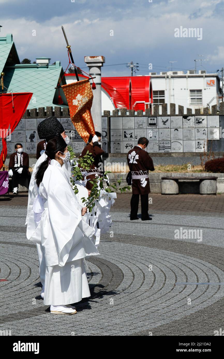 iida, nagano, japan, 2022/24/03 , the Mikoshi procession arrives near ...