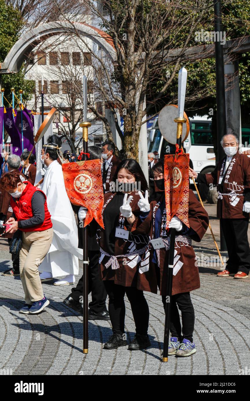 iida, nagano, japan, 2022/24/03 , the Mikoshi procession arrives near ...