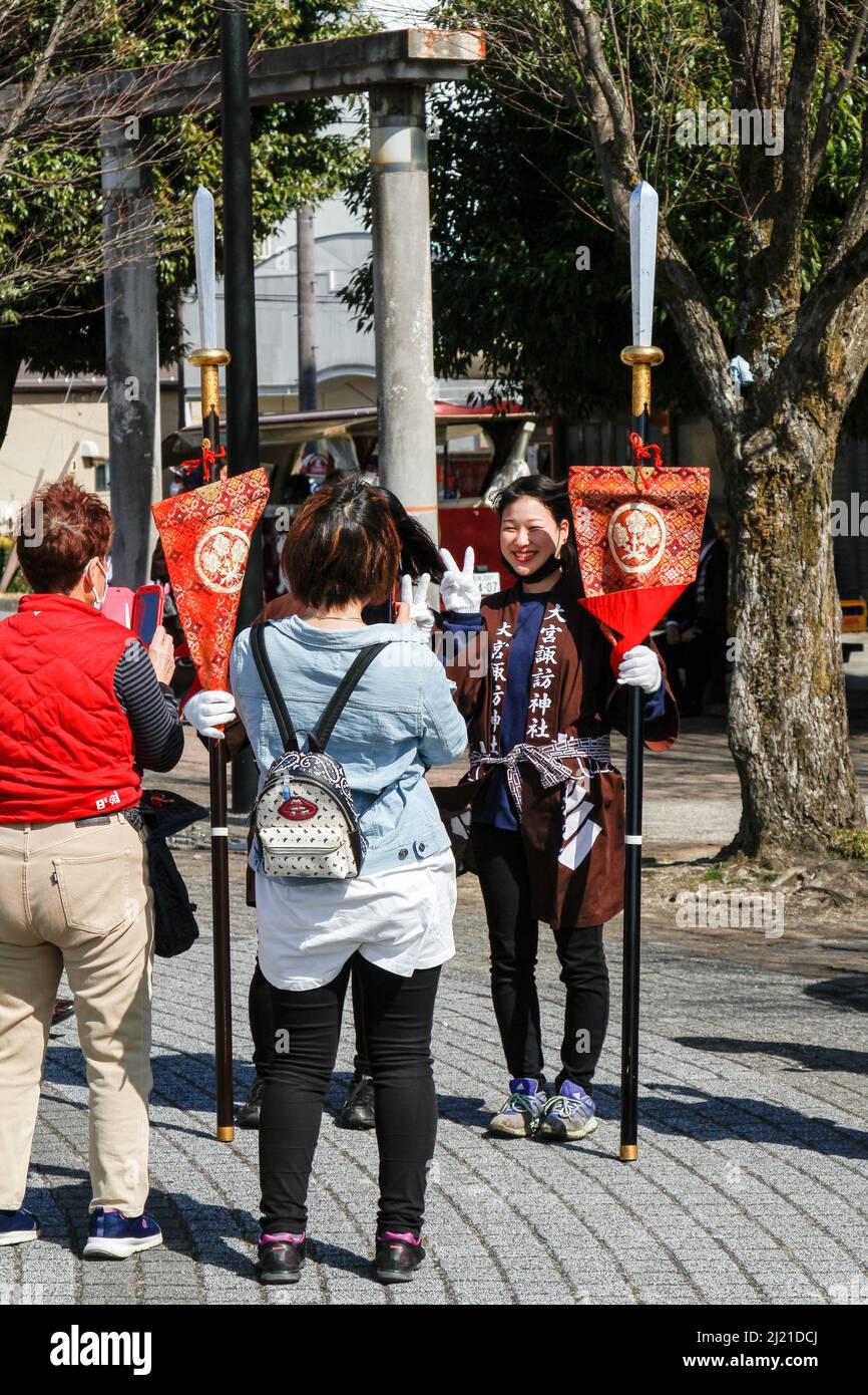 iida, nagano, japan, 2022/24/03 , the Mikoshi procession arrives near ...