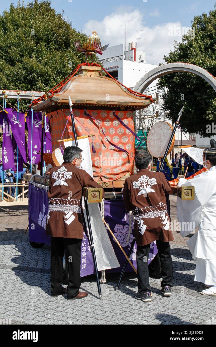 iida, nagano, japan, 2022/24/03 , the Mikoshi procession arrives near ...
