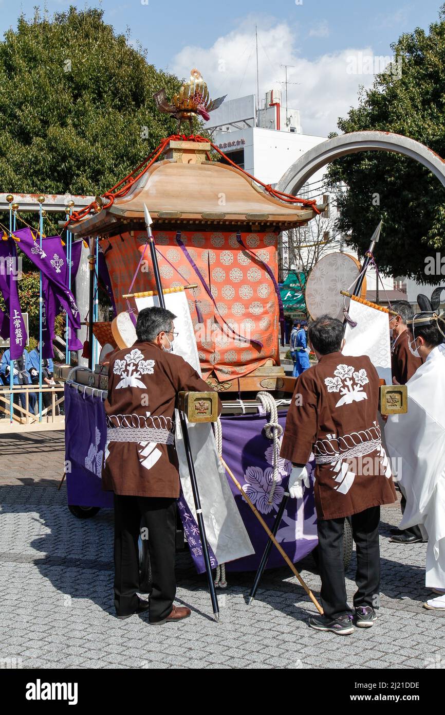 iida, nagano, japan, 2022/24/03 , the Mikoshi procession arrives near ...
