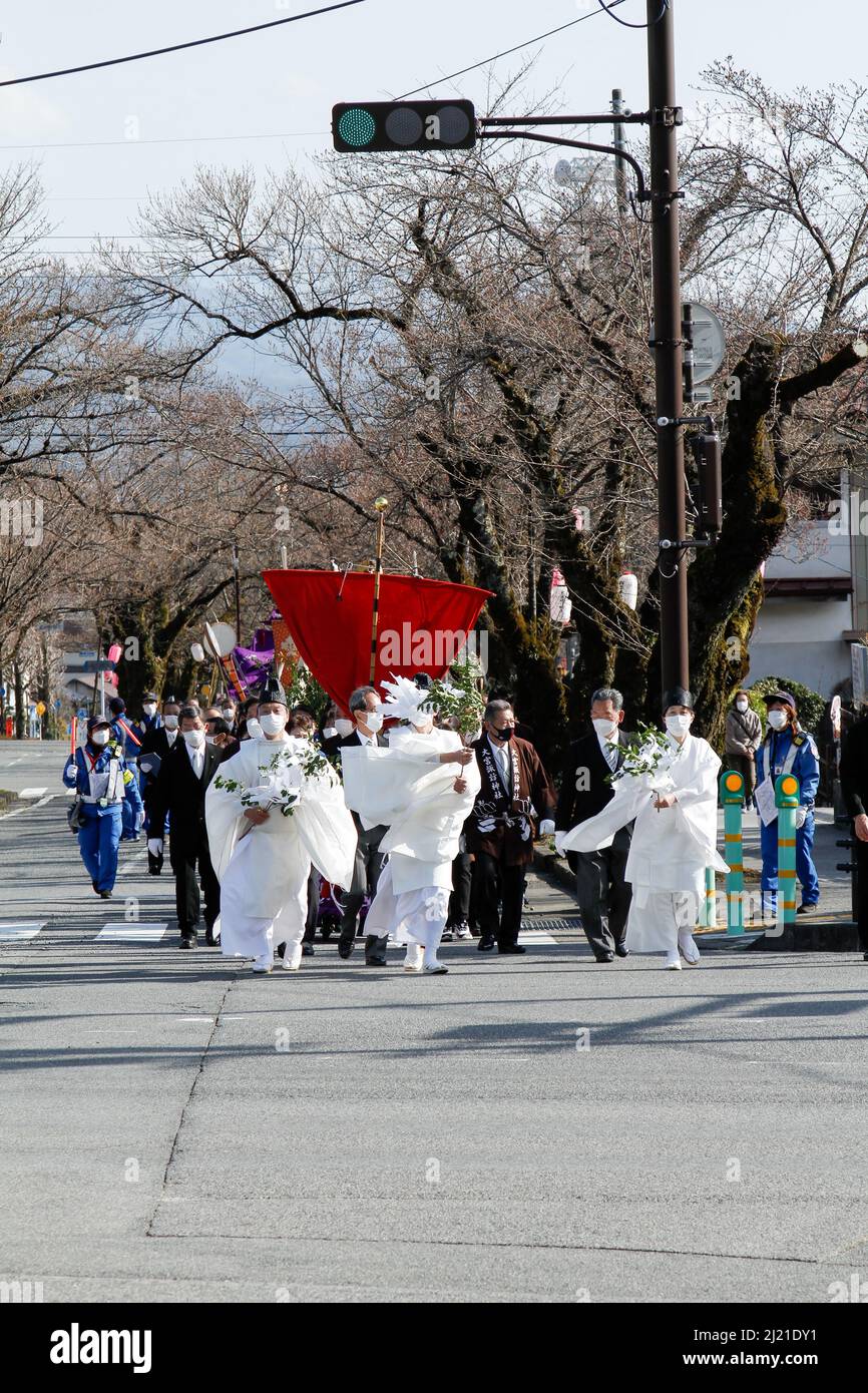 iida, nagano, japan, 2022/24/03 , the traditional religious procession ...