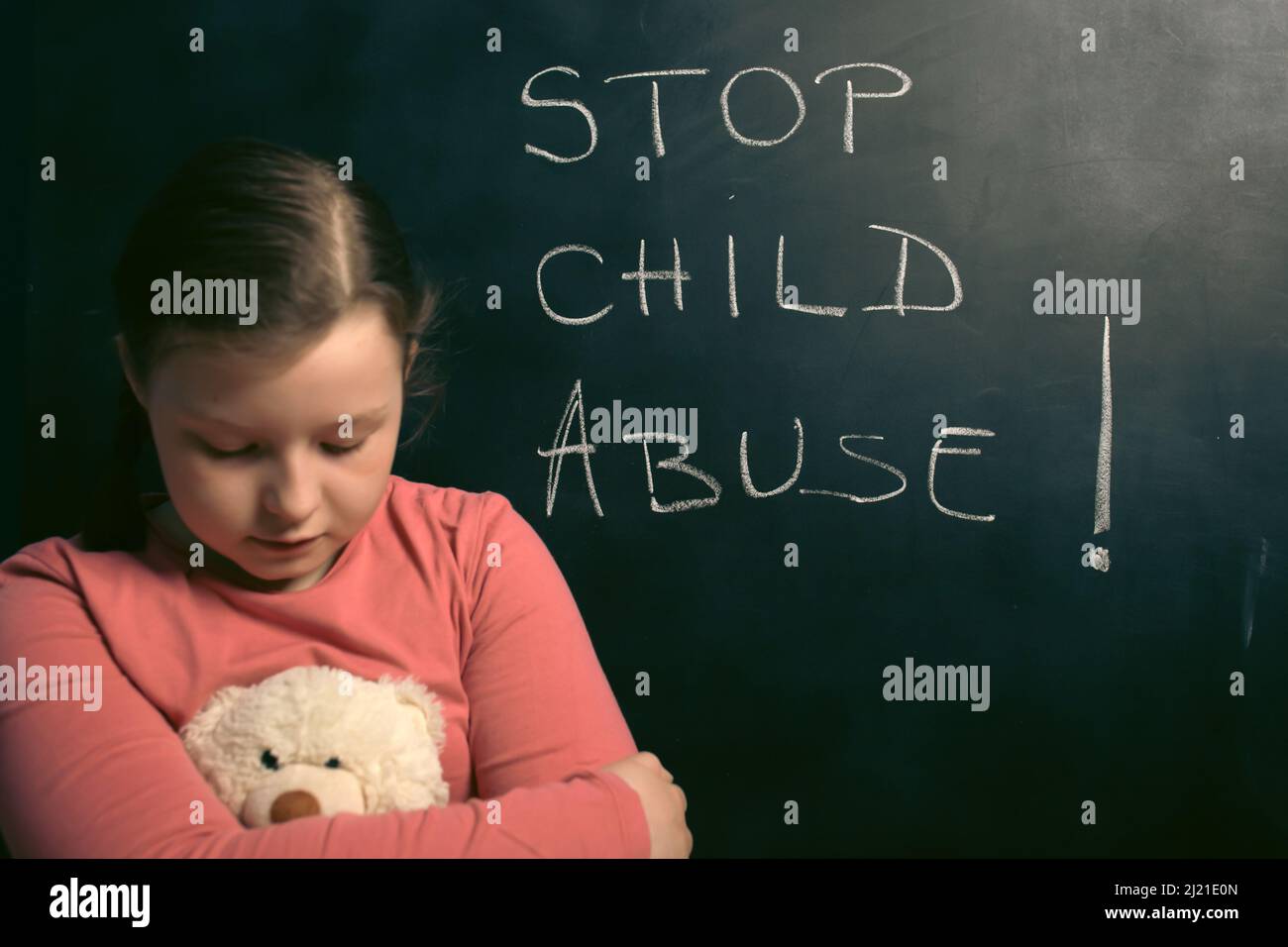 Child violence and abused concept. Little sad girl with Stop child ...