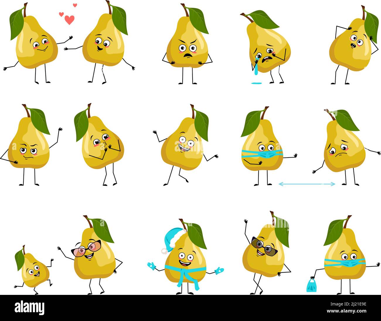 Pear character with happy or sad emotions, panic, loving or brave face ...