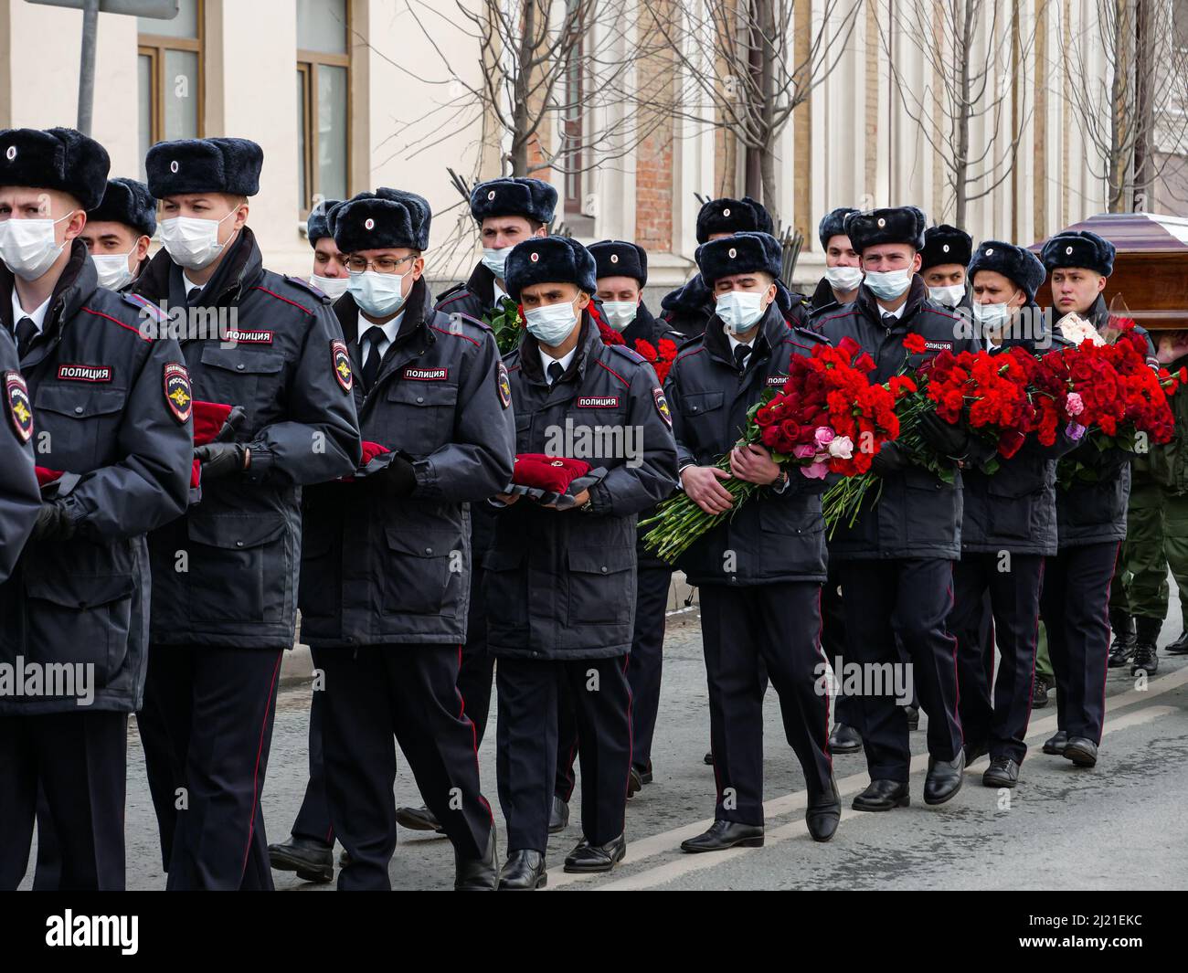 Kazan, Russia. 2022, 10 March. A line of police officers with red ...