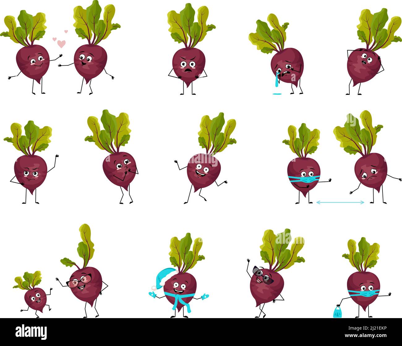 Beet character with happy or sad emotions, panic, loving or brave face ...