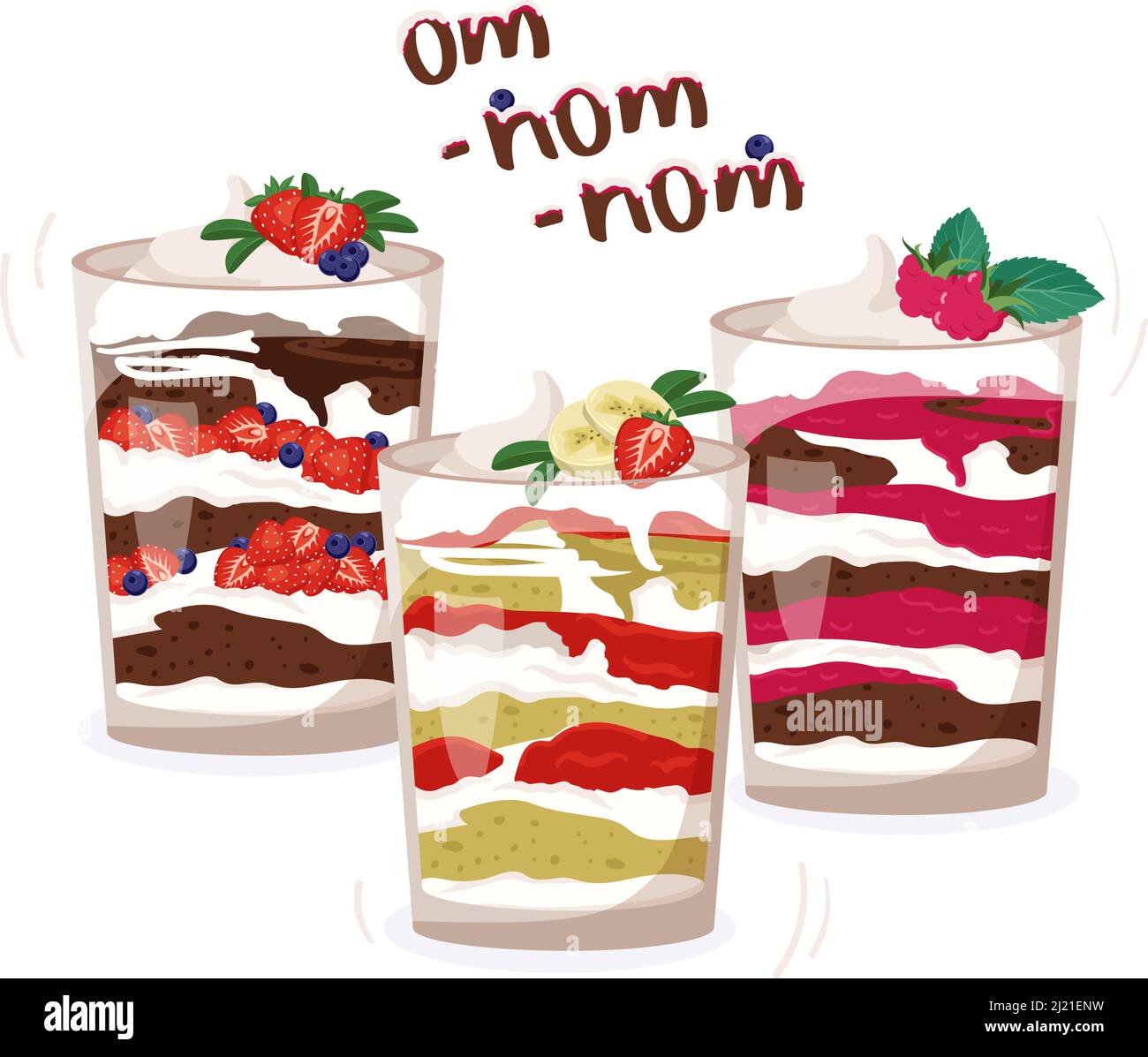 Set of delicious puff trifle with chocolate biscuit, strawberries and ...