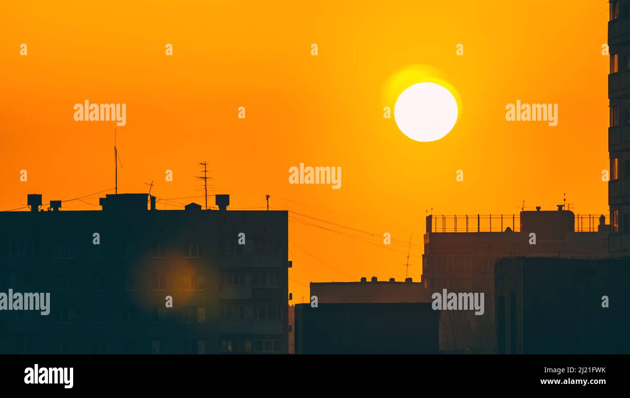 Morning in the city. Sunrise over high-rise apartment buildings. Dawn ...