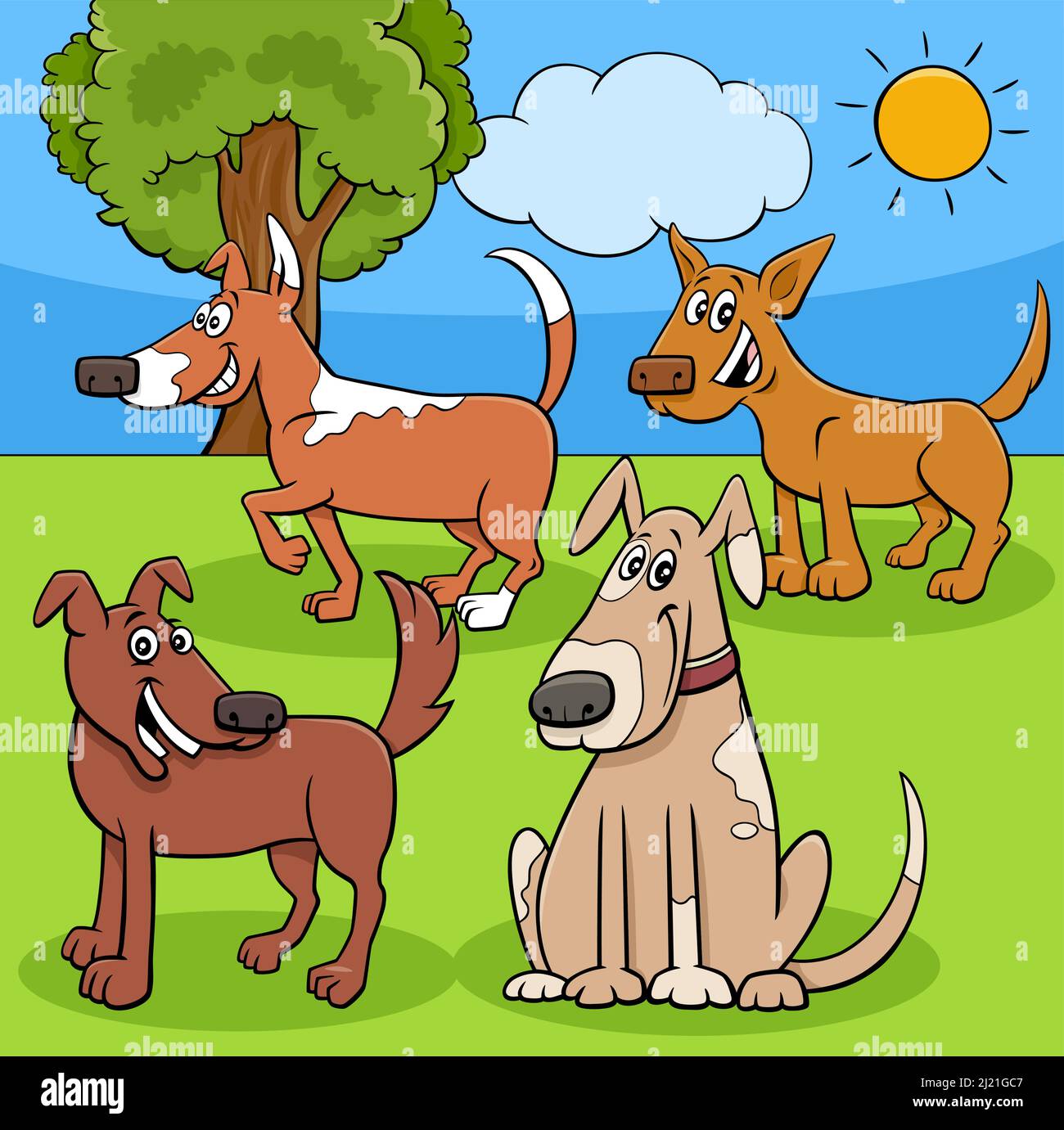 Cartoon illustration of playful dogs and puppies animal characters in a ...