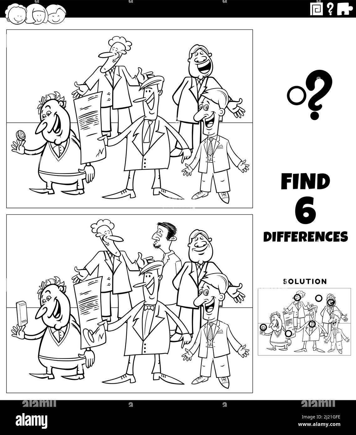 Black and white cartoon illustration of finding the differences between ...
