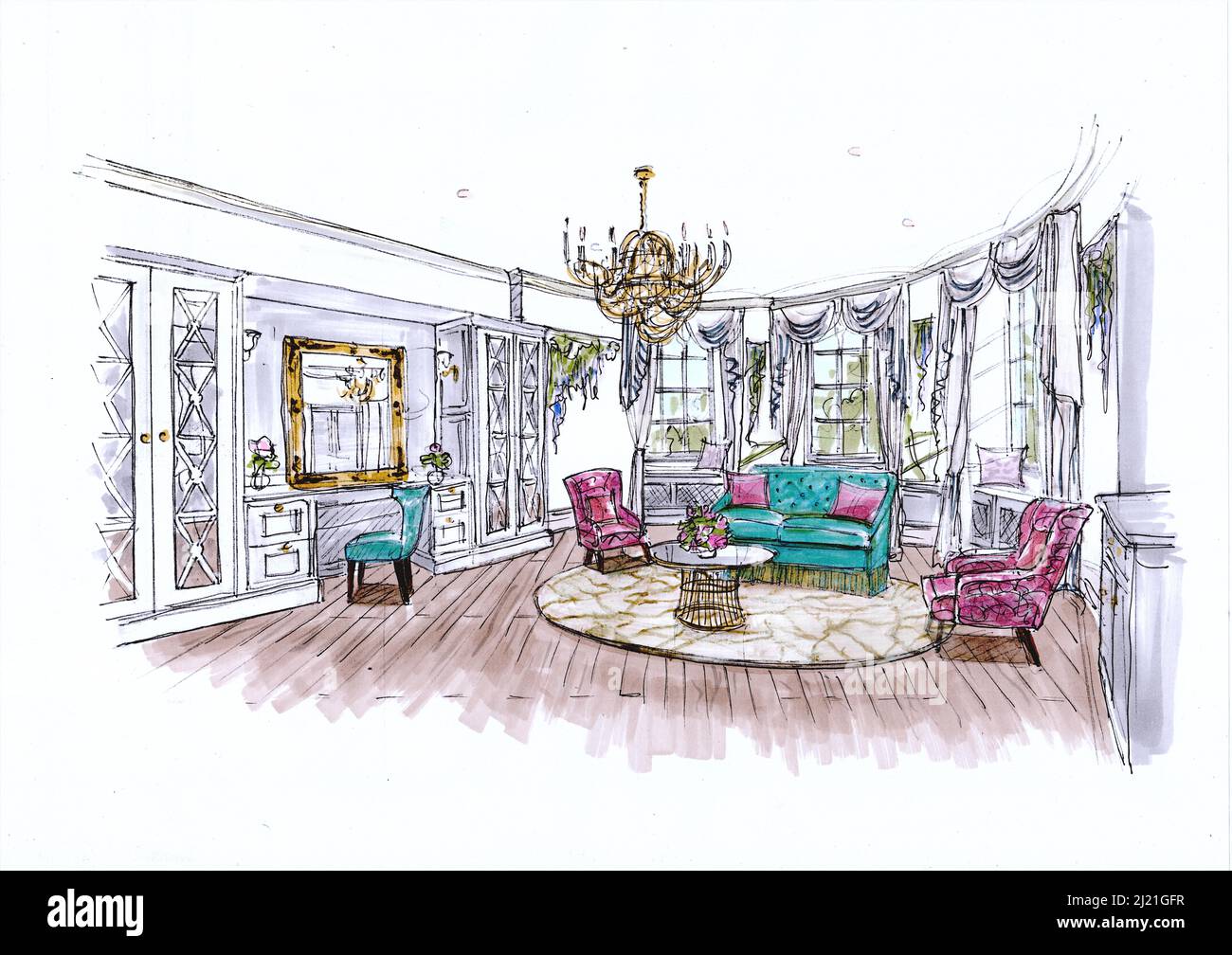 Concept sketch for a lounge on a white background Stock Photo - Alamy