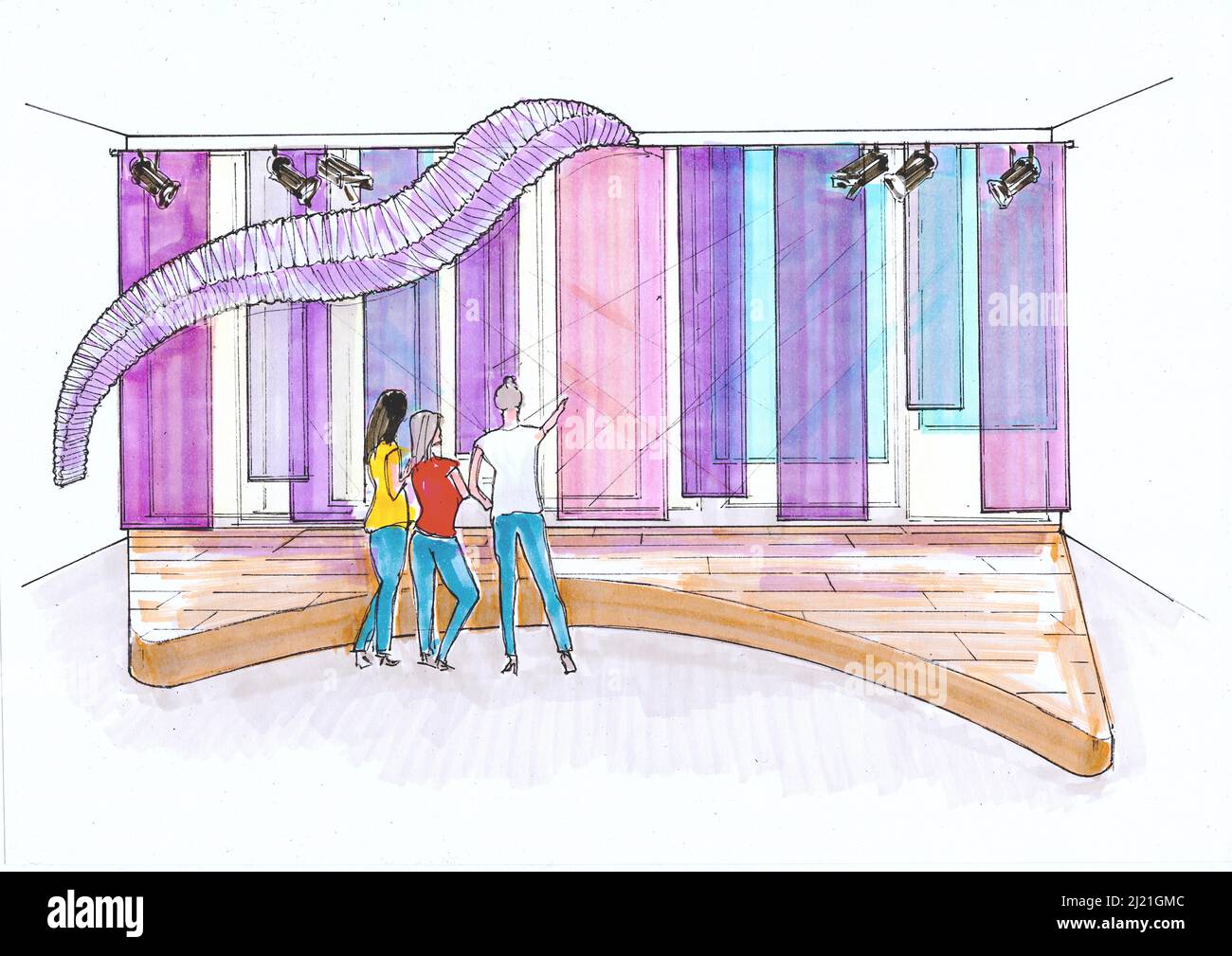 Concept sketch for an indoor exhibition area Stock Photo - Alamy