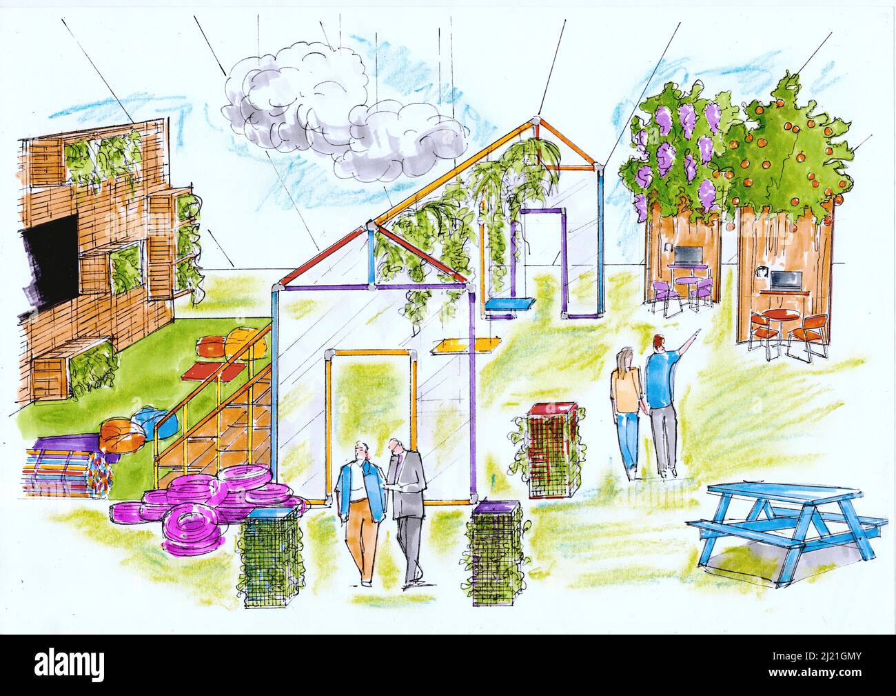 Concept sketch for an indoor exhibition area Stock Photo - Alamy